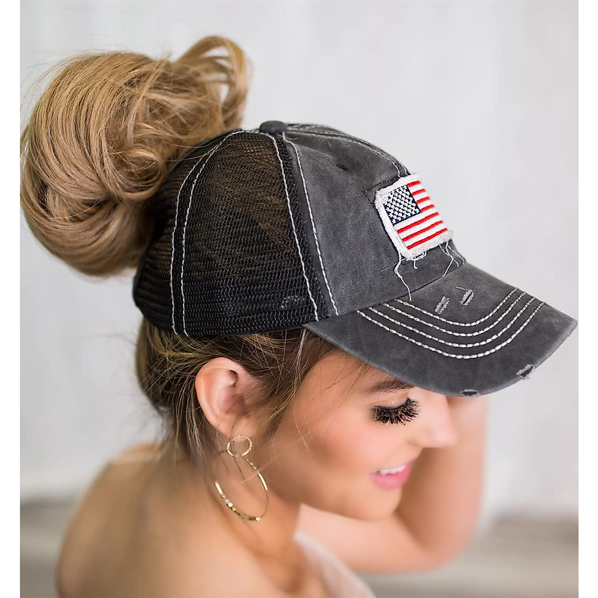 UTOWO Women Baseball-Caps Distressed-American-Flag Ponytail-High-Bun Trucker Dad-Hats (Black - High Ponytail Mesh)