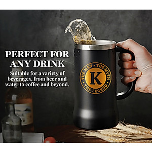 Onebttl Personalized Travel Mug with Handle, Beer Stein for Men, Funny Custom Alcohol Gifts for Beer Lovers, Unique Birthday Christmas Gifts for Him, the Man the Myth the Legend, J