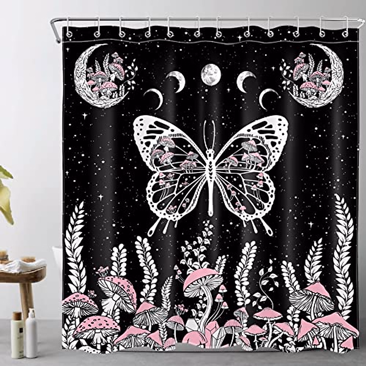LB Mushroom and Butterfly Shower Curtain for Bathroom,Boho Starry Sky with Moon Phase and Country Plant Fabric Shower Curtain with Hooks,Black and White Bathroom Curtains Shower Set, 72x72 inches