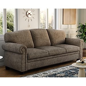 ONBRILL 90 Inch Nailhead Trim Couches for Living Room, 23" Deep Seat Rolled Arm Sofa, Comfy Upholstered 3 Seater Sofa, Chenille Couch w/Wooden Leg, Large Traditional Sofa for Bedroom, Farmhouse, Brown