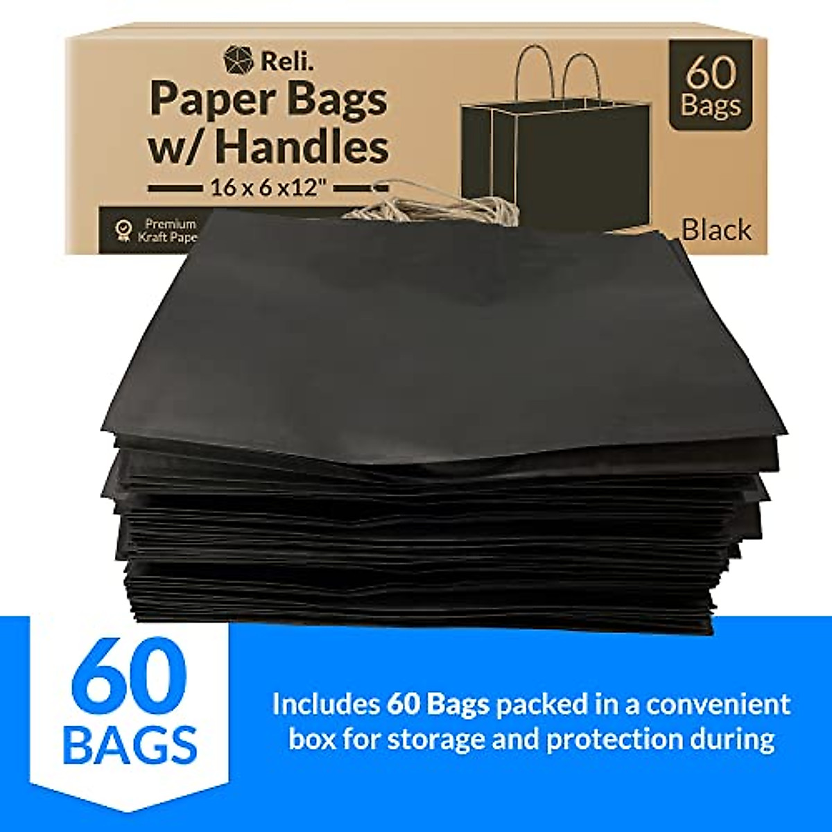 Reli. (60 Pcs Paper Shopping Bags, Black | 16x6x12 | Large Paper Bags with Handles | Strong Large Shopping for Boutique | Kraft | Use for Take Out/To Go, Retail,Restaurant (Twist Handles)