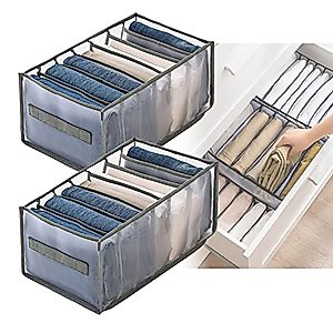Wardrobe Clothes Organizer, 7 Grid Washable Jeans Drawer Organizer with Compartment Storage Box,Foldable Drawer Closet Clothing Organizer Basket for T-Shirt,Set of 2 (Grey with Handle)