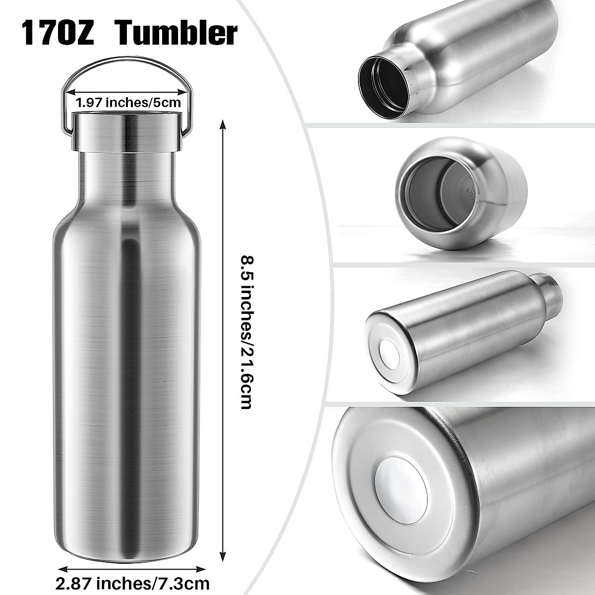 10 Pack 17oz Stainless Steel Sports Water Bottle Double Wall Insulated Bottle with Handle and Vacuum Seal Leakproof Lid for Cyclists Runners Hikers Beach Goers Picnics Camping Gift (Silver)