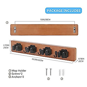 JSVER Broom Holder Wall Mount Mop Broom Holder, Tool Organizer Wall Hanger, Storage Rack with 3 Hooks 4 Racks, Wood Broom Holder for Bathroom Kitchen, Garden, Garage Laundry Room