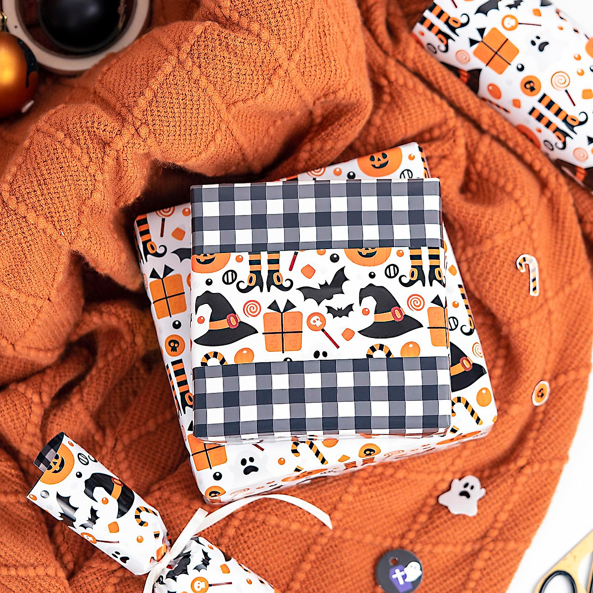 LeZakaa Reversible Halloween Wrapping Paper - Pumpkin, Witch Hat & Black and White Plaid Design for Halloween, Nightmare before Christmas Holiday, Party - 17 inches x 32.8 Feet (46.45 sq.ft.)