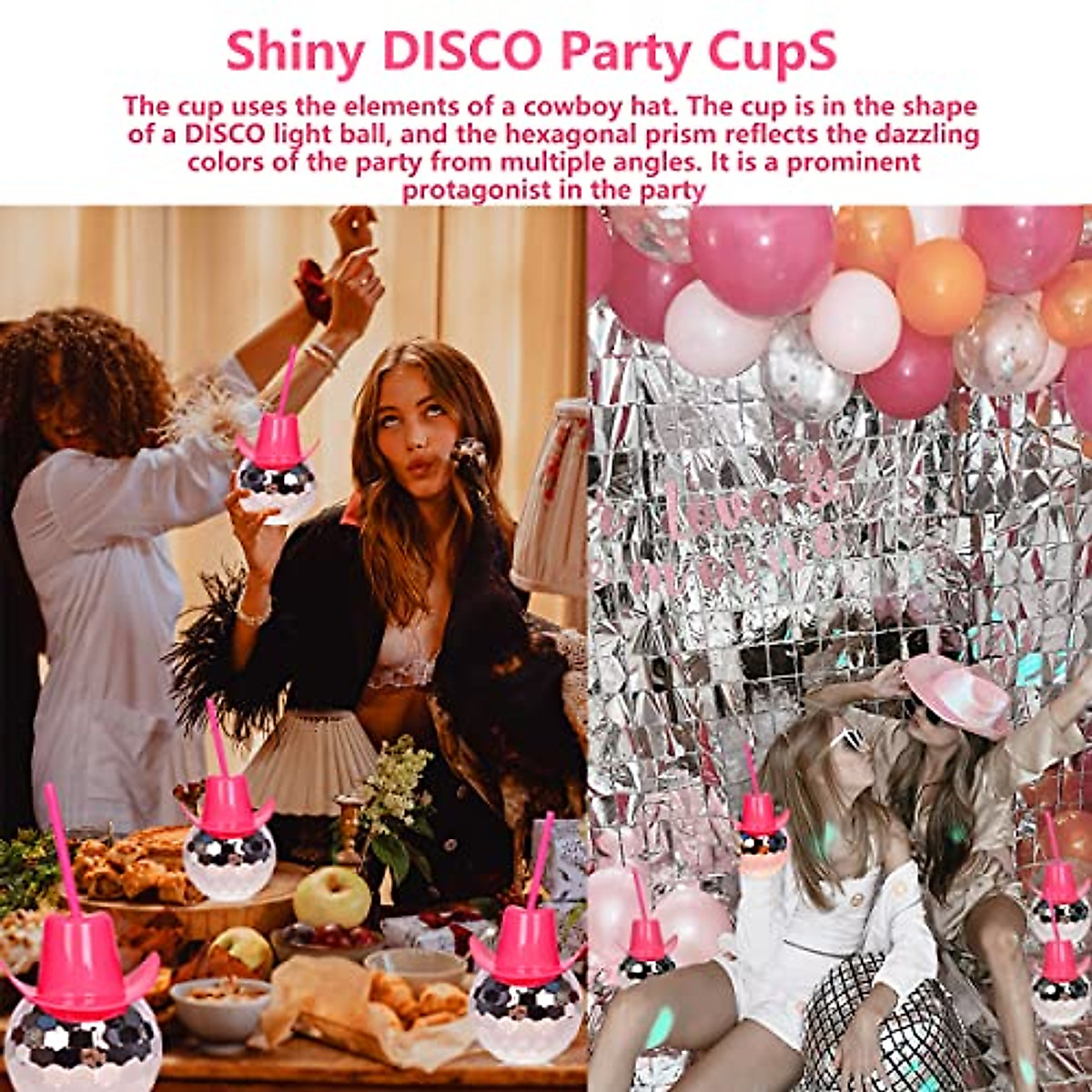 2 Pcs,Disco Ball Cups,Fashionable Pink Disco Ball Cowboy Hat,Disco Ball Cup with straw for Christmas Day,Halloween,Achelorette Party,New Year’s Eve,Birthday Party,Reusable And Removable