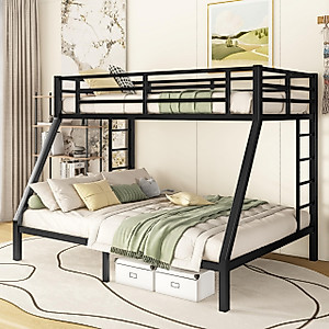 Bellemave Twin XL Over Queen Metal Bunk Bed for Kids,Heavy-Duty Bunk Bed with 2 Ladders,Space-Saving Bunk Bed for Teens/Adults,Noise-Free,Black