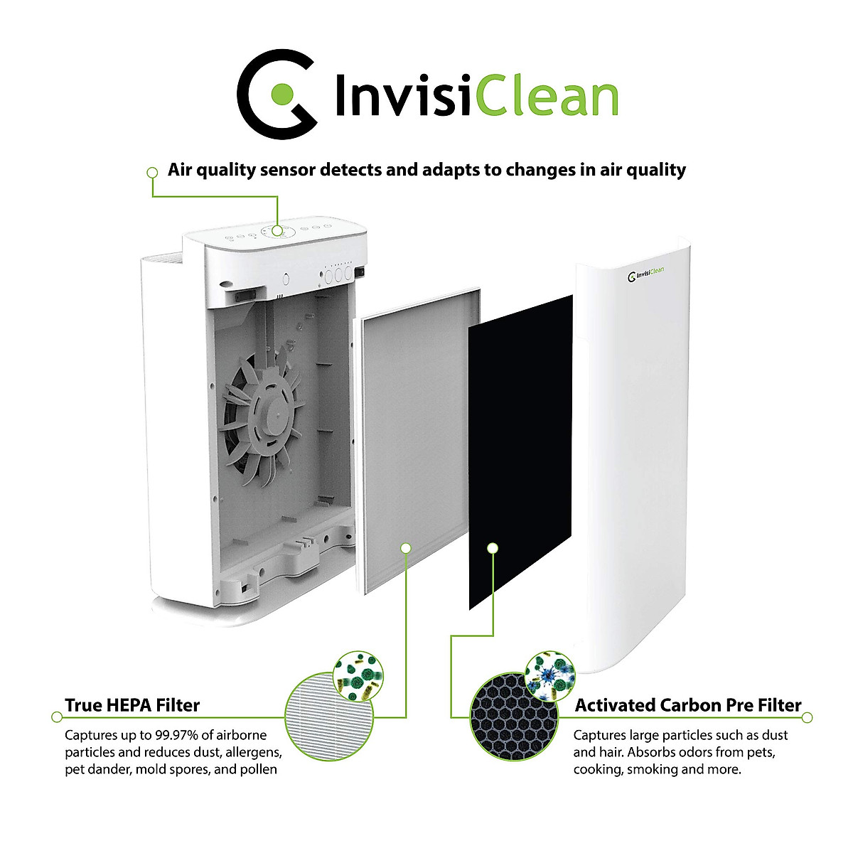 InvisiClean Sensa Air Purifier – H13 True HEPA Smart Air Quality Sensor for Bedrooms, Allergies and Pets, Large Rooms, Smoke, Dust, Allergens, Odors, Carbon, Ultra Quiet, No Ozone IC-5120