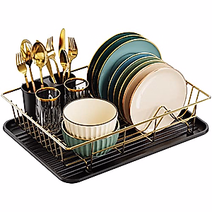 GSlife Dish Drying Rack with Drainboard - Dish Racks for Kitchen Counter, Dish Drainer with Utensil Holder, No Drain Spout, Gold and Black