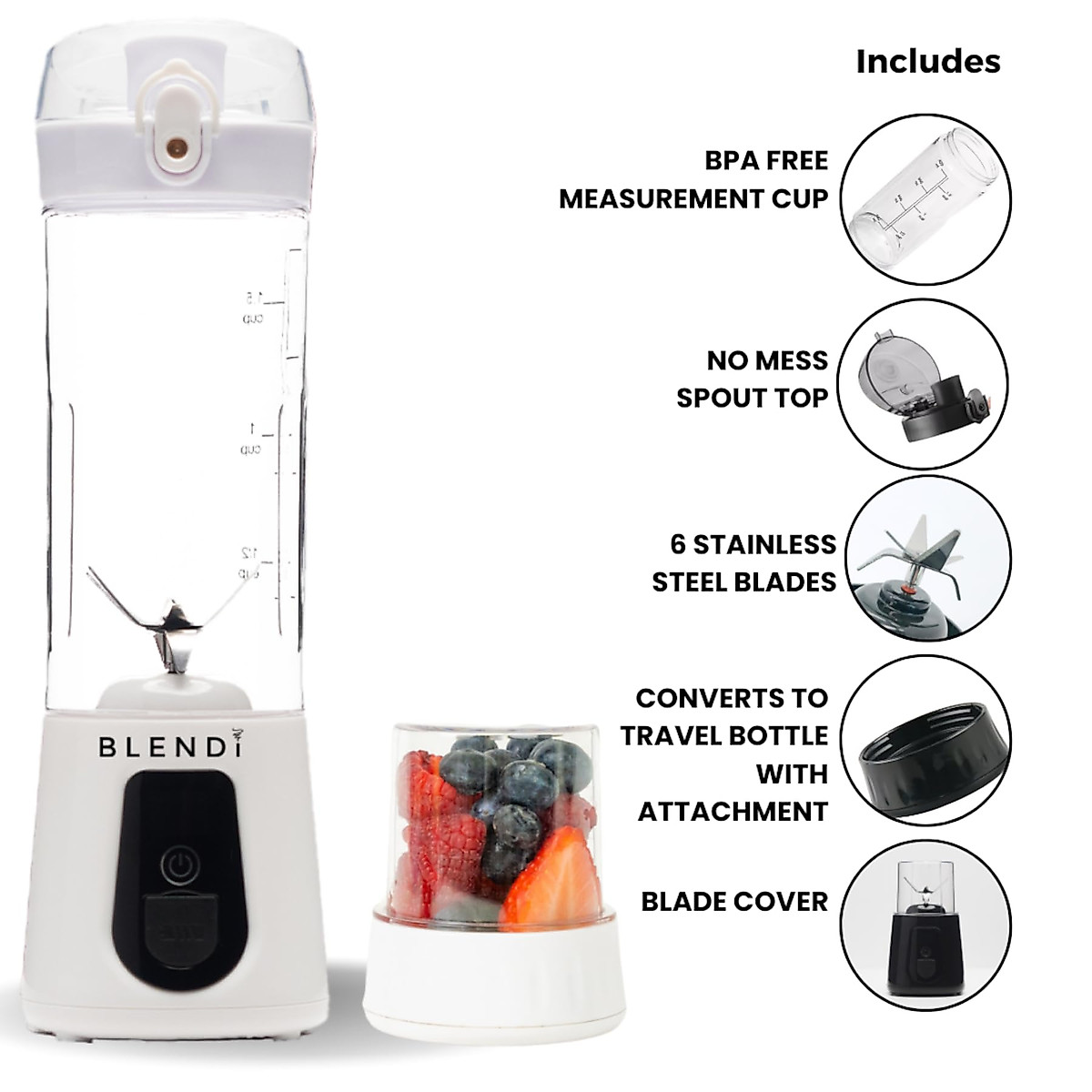 Blendi Pro Plus Premium Cordless Portable 17.5oz Rechargeable Blender - Crush Ice, Fruit & Blend Sports Powders in Seconds - Stainless Steel Blades w/High Powered 120W Motor - Gym, Tailgates (White)