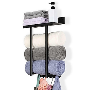 Towel Rack Wall Mounted,Bathroom Rolled Towel Holder,Adhesive Metal Black Shelf Towel Hanger,Nails Free Bath Blanket Storage,Stainless Steel Shower Hooks Towel Organizer,Home Bathroom Accessories Set