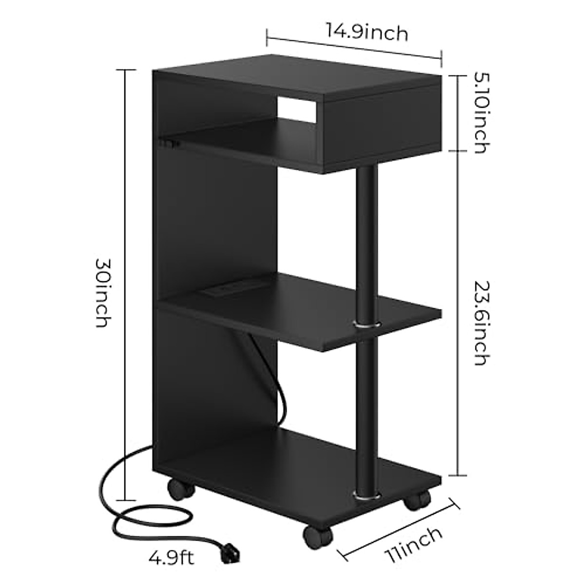 yamagahome End Table with Charging Station, 4-Tier Nightstand with Charger Station, Narrow Side Tables Living Room, Bedroom for Small Spaces, Small Bedside Table with USB Ports and Outlets, Black