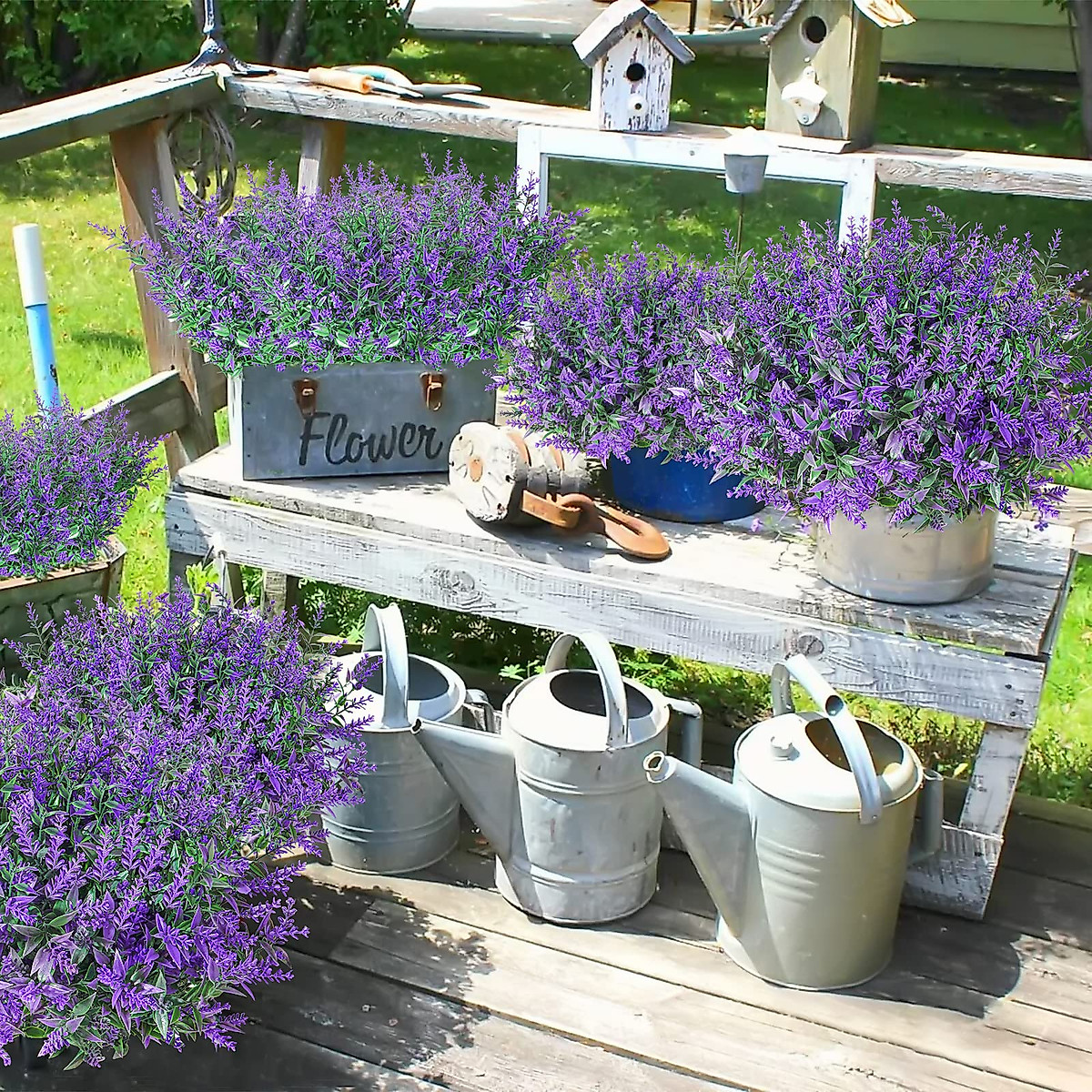 IVITA 6pcs Artificial Lavender Plant Faux Plastic Purple Flowers UV Resistant Lifelike Shrubs for Home Wedding Kitchen Garden Patio Window Box Office Table Centerpieces Indoor Outdoor Decor