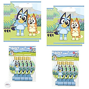 Unique Bluey Party Favors Bundle - 16 Loot Bags and 16 Blowouts, Happy Birthday Sticker - Party Supplies Goodie Bags, Birthday Party Favor Bags and Decorations - Officially Licensed