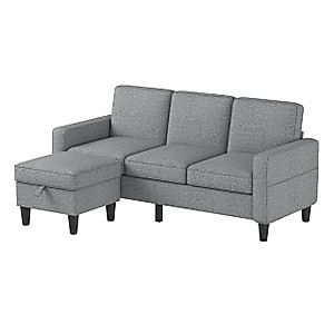 Woyomeub Sectional Couches for Living Room: L Shaped Couch with Storage Ottoman - Gray Sofa 3 Seater Furniture Set Modern Linen Fabric Futon Sleeper Sofas for Apartment Studio Small Space