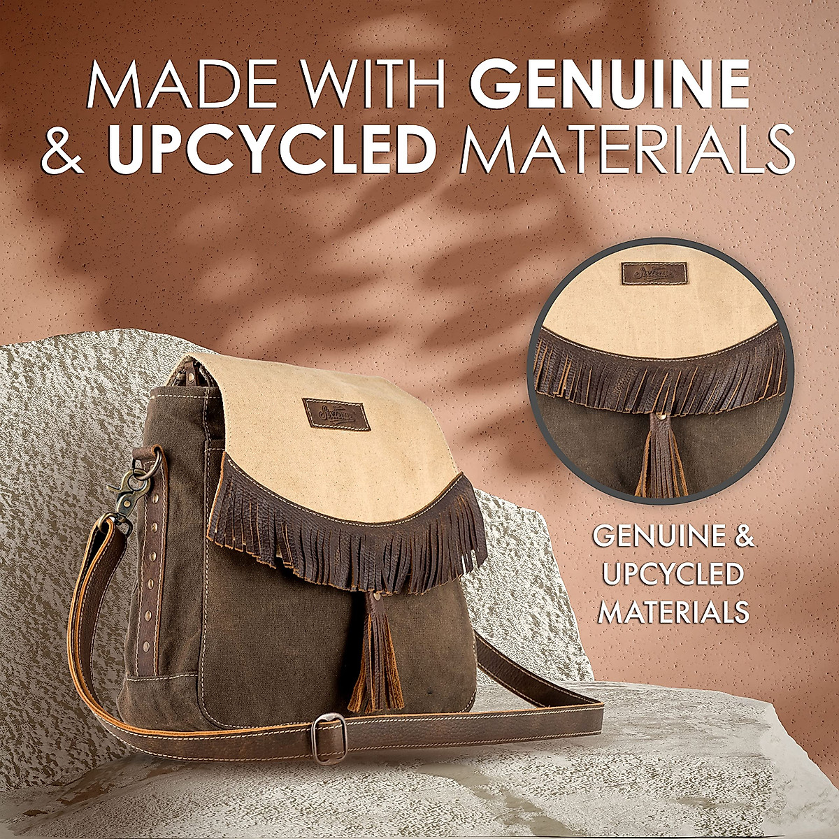 SIXTEASE Crossbody Bag for Women Vintage Style Genuine Leather, Upcycled Canvas, Rug, or Hair On - Cross Body Womens Bags with Inside Zipper Pockets - Larissa