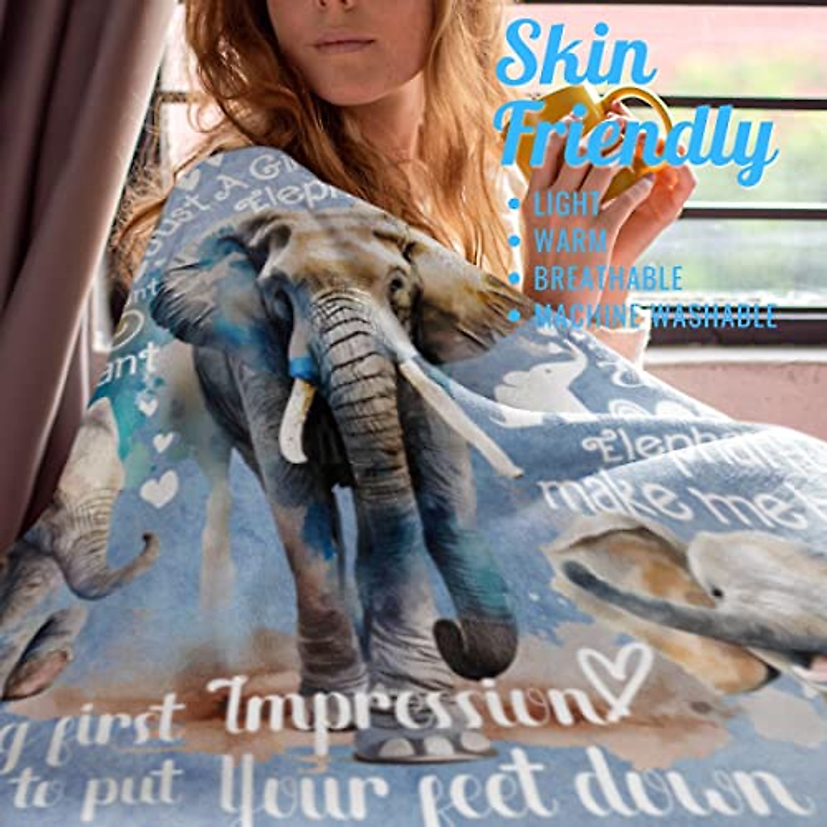 Elephant Gifts for Women, Just A Girl Who Loves Elephants, Throw Blanket for Sister, Daughter, Coworkers, Friends, 65 x 50 Inches, Blue