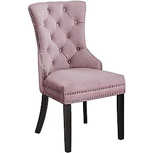Meridian Furniture Nikki Collection Modern | Contemporary Velvet Upholstered Dining Chair with Wood Legs, Button Tufting, and Chrome Nailhead Trim, Set of 2, 23" W x 23" D x 40" H, Pink