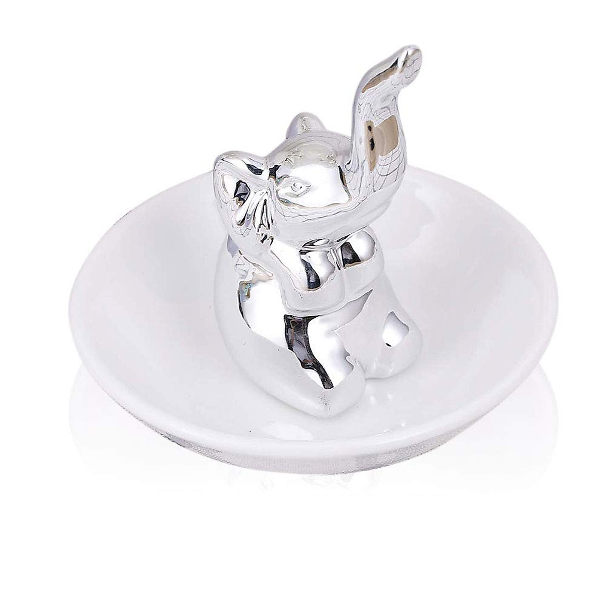 Lependor Lucky Elephant Ring Holder Jewelry Tray for Wedding Christmas Birthday Gifts, Handmade Ceramic Decor Jewelry Small Animal Tray - Silver Elephant