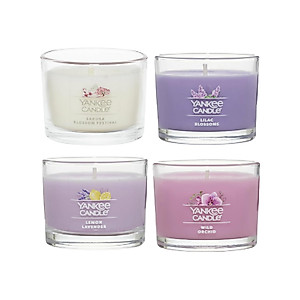 Yankee Candle Signature Votive Mini Candle Jars Mother's Day Variety Pack, 1 Lemon Lavender, 1 Wild Orchid, 1 Sakura Bloom Festival, 1 Lilac Blossoms Variety Pack