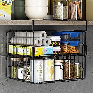 Hanging Under Shelf Storage Basket, 4 Pack Foldable Under Cabinet Metal Desk Storage Wire Rack Organizer for Kitchen Pantry Bookshelf Office Home, Easy to Install Slide-in Under Shelves (Black)