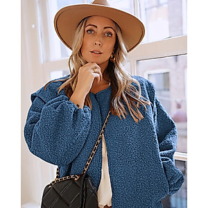 KIRUNDO Women's 2024 Fall Winter Sherpa Fleece Jacket Faux Wool Embedded Lantern Sleeve Casual Loose Outwear With Pockets(Blue, Small)