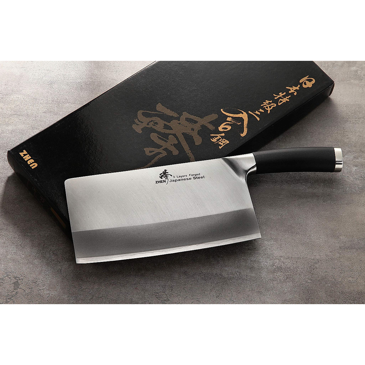 ZHEN Japanese VG-10 3 Layers forged High Carbon Stainless Steel Heavy-Duty Cleaver Chopping Chef Butcher Knife 8-inch, TPR Handle -