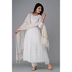 Chikankari Cotton Anarkali Indian Kurti For Women Summer Dress Kurta Pant With Dupatta Set Pakistani Long Kurta-(XXL) White