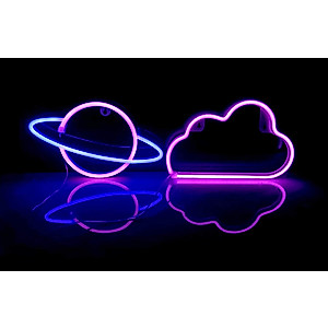 VIOPVERY 3 Pcs Neon Cloud Lightning Planet Signs for Bedroom Wall Decor, LED Lights for Kids Room, Gift, Party, Birthday, Christmas, Wedding, Bar