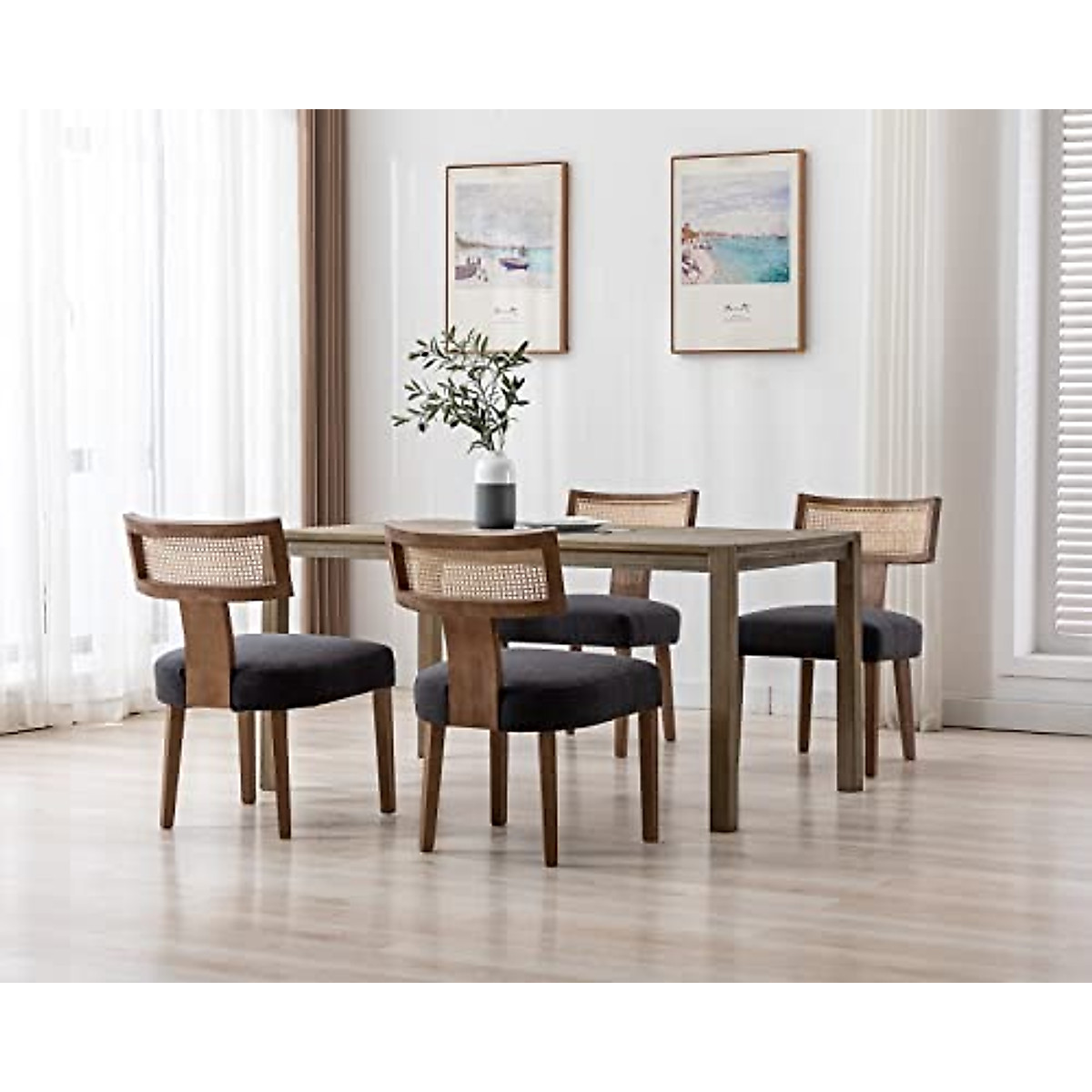 CIMOTA Upholstered Rattan Dining Chairs Set of 2 Mid Century Modern Kitchen & Dining Room Chairs Linen Farmhouse Armless Side Chair with Wood Frame/Curved Backrest, Charcoal