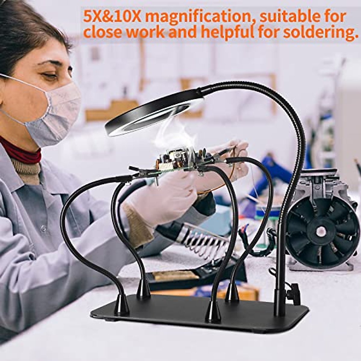 5X&10X Magnifying Glass with Light and Stand, KUVRS Flexible Magnetic Helping Hand, Large Base&Clamp Magnifying Lamp, 3 Color Adjustable Arm Desk Magnifying Glass with Light for Soldering Craft Hobby
