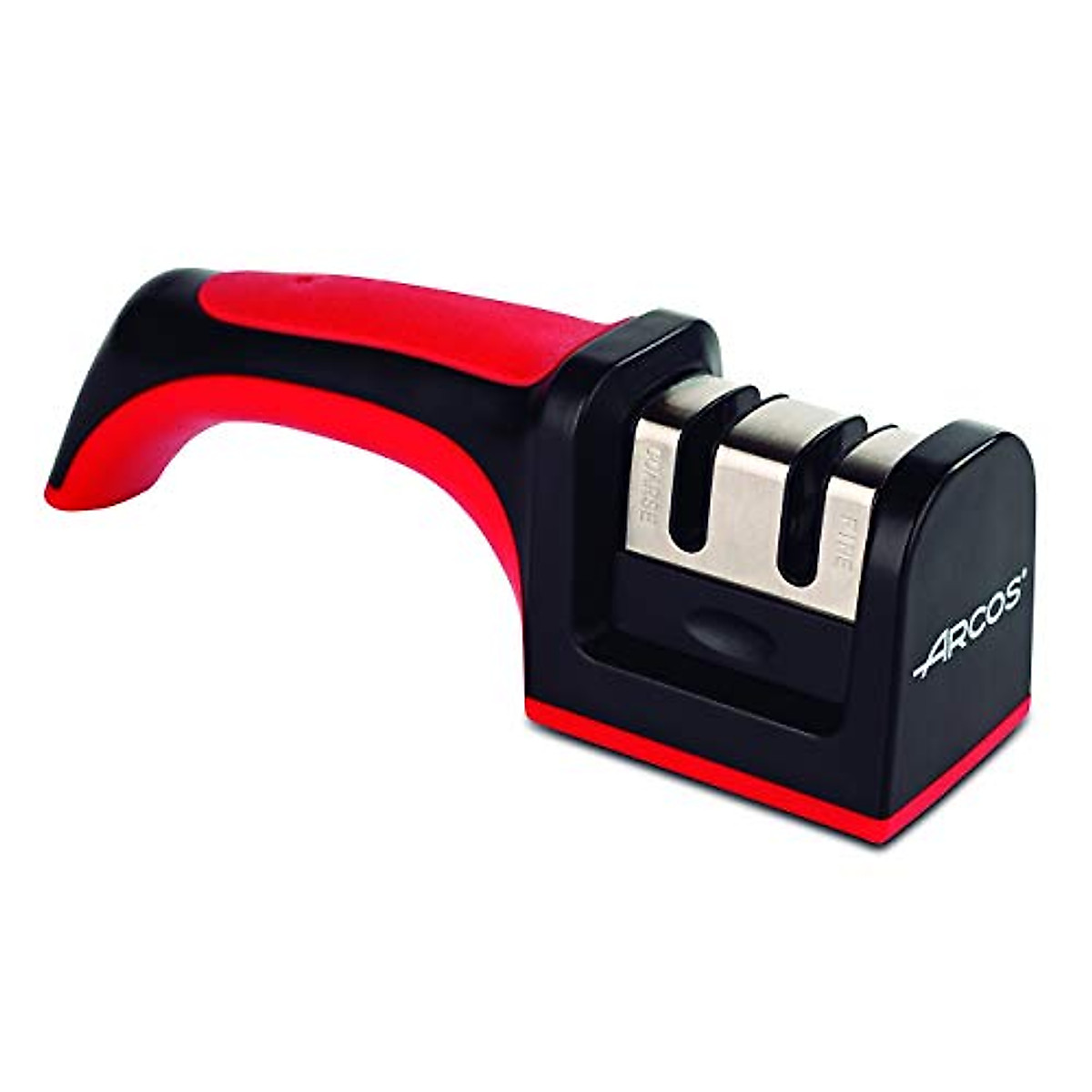 Arcos Sharpeners Manual Knife Sharpener tool. Made of ABS + TPE. Carbide and Ceramic Rollers. Keep Your Knives Razor Sharp. Black and Red Color