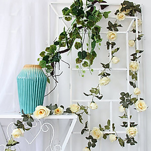 2 Pack of Artificial Rose Vine Flowers with Green Leaves, 15 Foot Fake Silk Rose Hanging Vine Flowers Garland Ivy Plants for Home Hotel Office Wedding Party Garden Craft Art Décor