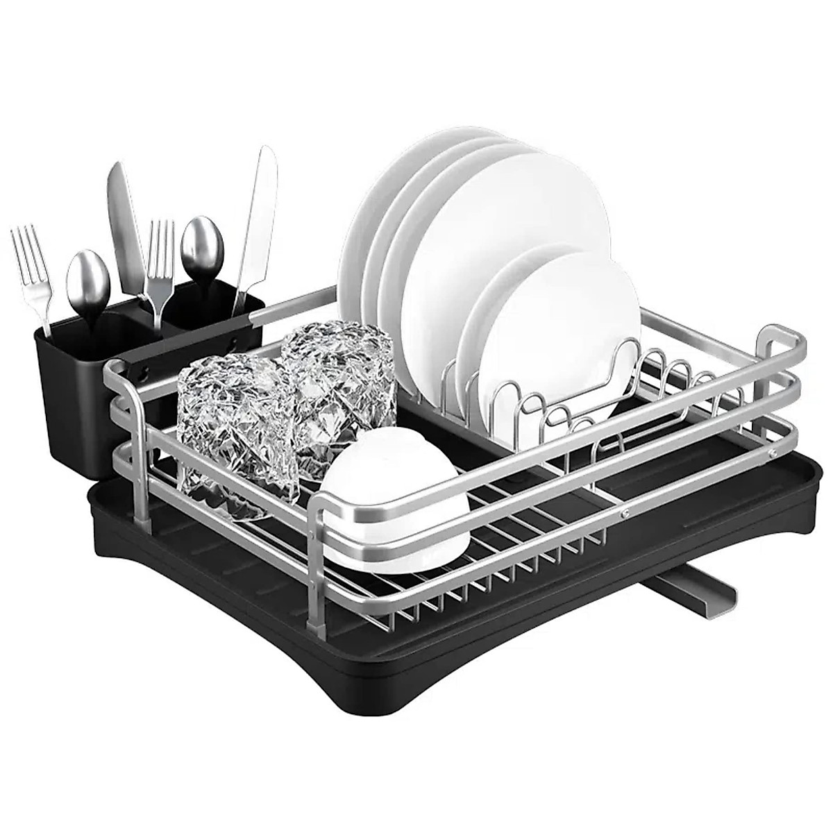 1pc Dish Drying Rack, Space-Saving Dish Rack, Dish Racks for Kitchen Counter, Durable Stainless Steel Kitchen Drying Rack with A Cutlery Holder, Drying Rack for Dishes, Knives, Spoons, and Forks