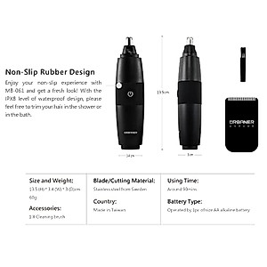 URBANER Battery powered Rotary Ear and Nose Hair Electric Trimmer, Cordless Washable Shaver for Men, Waterproof, Portable, Water Resistant Clipper, MB-061