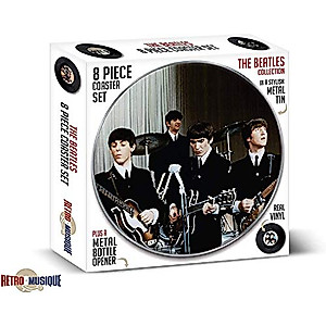 The Beatles - 8 Piece Mini Vinyl Record Coaster Set with Tin & Magnetic Bottle Opener by Retro Musique