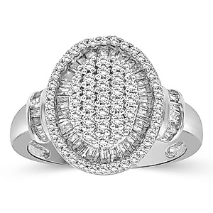 JEWELEXCESS White Diamond 1 Carat Ring with Sterling Silver for Women & Girls | Oval Halo Promise Ring with Round & Baguette Cut Diamonds