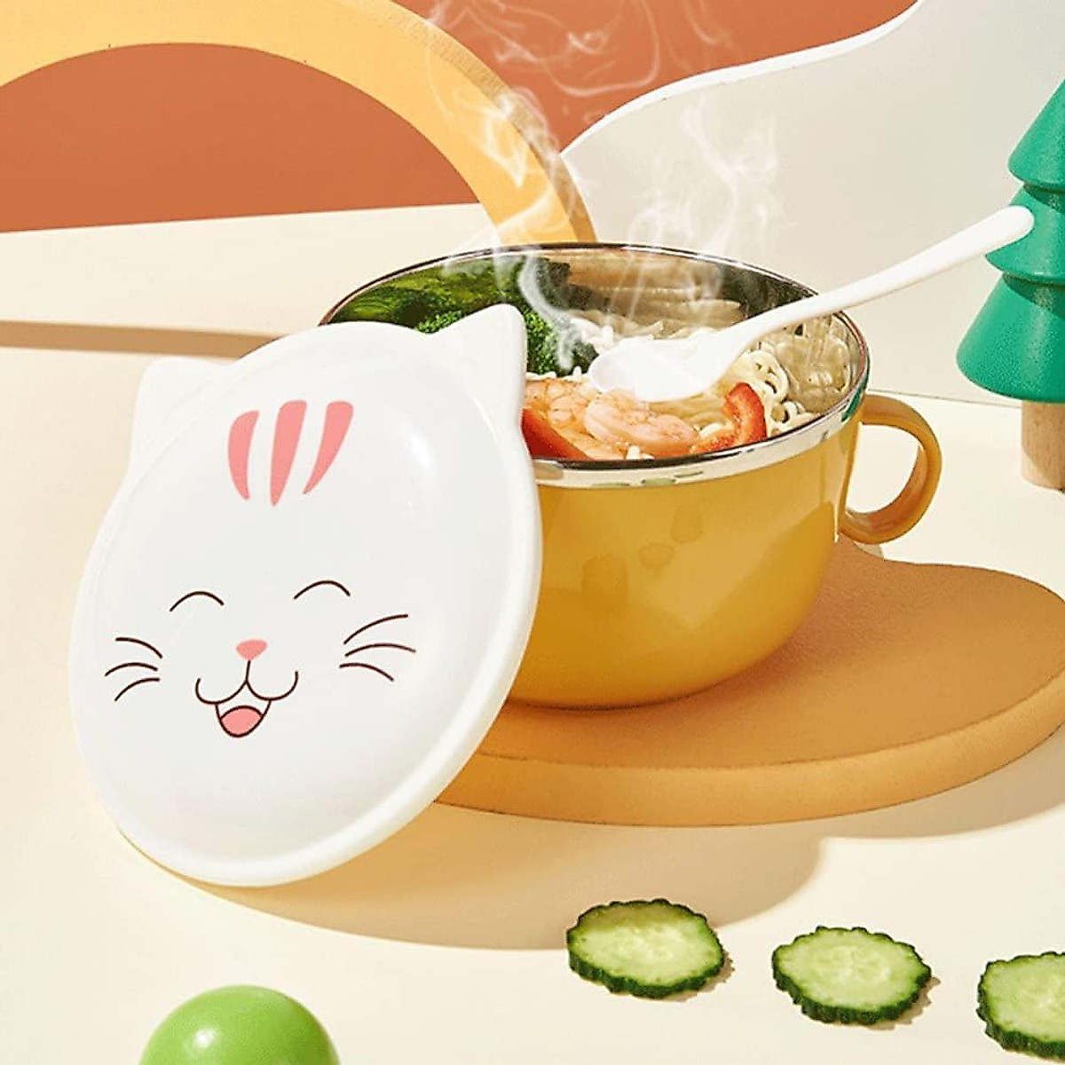 Hemoton Stainless Steel Noodle Bowl with Lid Cartoon Cat Bowl Instant Noodle Bowl Insulated Ramen Bowl Pasta Bowl Kitchen Tableware Yellow