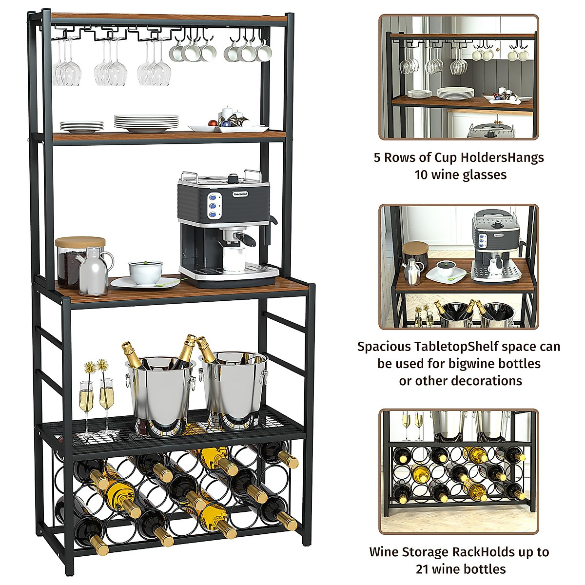 FIDVEKL Wine Rack Freestanding Floor, 5-Tier Industrial Wine Rack Freestanding Floor with Glass Holder and Wine Storage for Home Kitchen Dining Room, Rustic Brown
