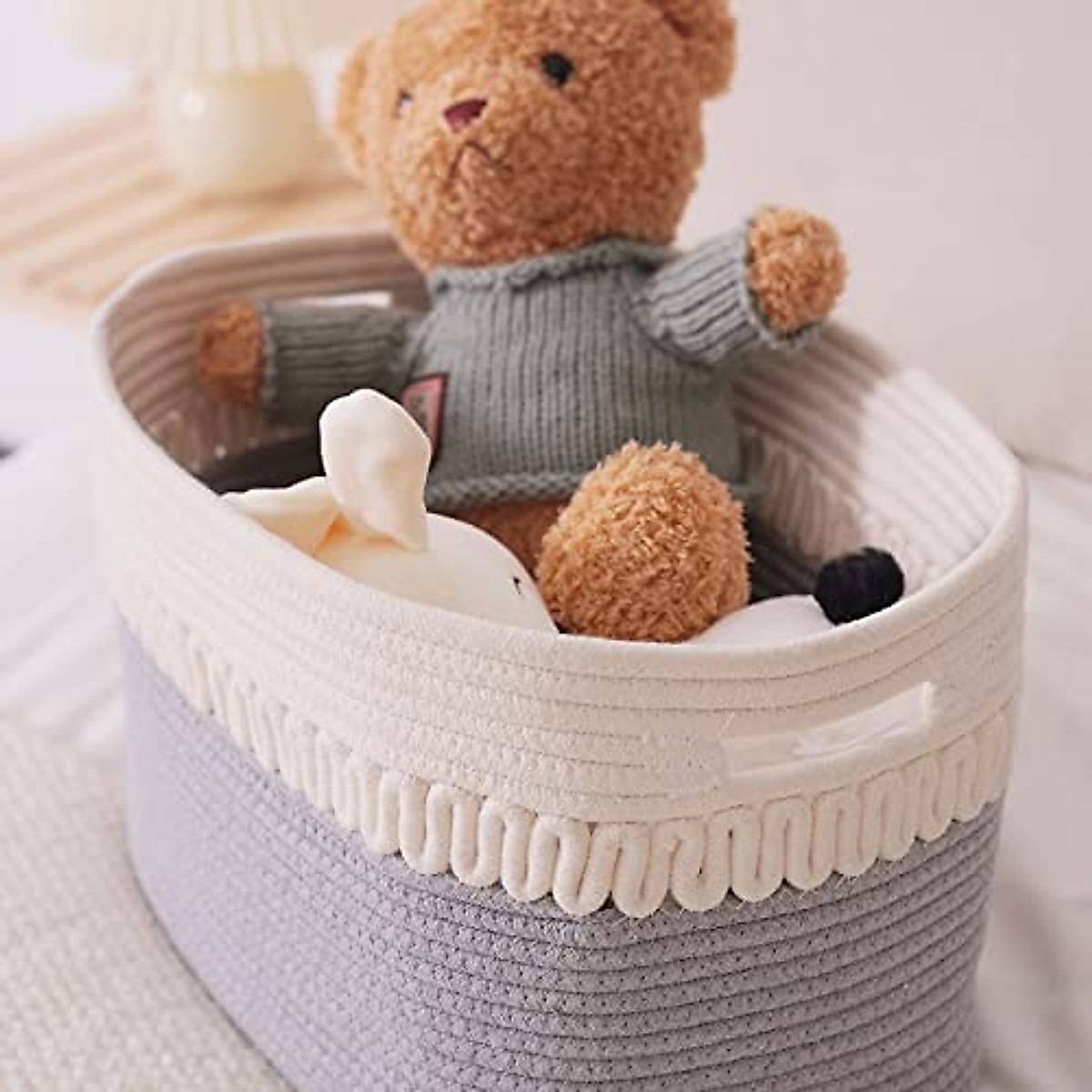 AROPEME Cotton Rope Basket | 15"x10"x9" Rectangle Woven Storage Basket for Toys Books Towels Shelves | Coiled Decorative Basket with Handle for Living Room Bathroom | Baby Nursery Bin, Grey