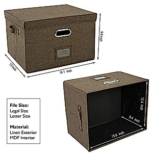 JSungo File Box with 5 Hanging Filing Folders, Document Organizer Storage for Office, Collapsible Linen Storage Box with Lids, Home Portable Storage with Handle, Letter Size Legal Folder, Brown