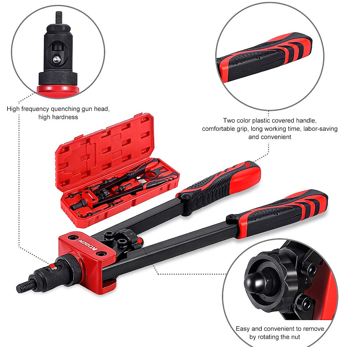 AOBEN 14" Rivet Nut Tool, Professional Hand Rivet Nut Setter Kit Labor-Saving and Compact Design Including 6 Interchangeable Mandrels 90pcs Rivnuts and 2 Mandrel Lock Pins