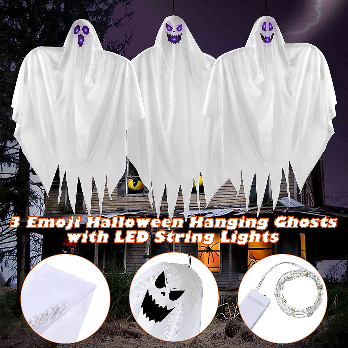 27.5” Halloween Hanging Ghosts Glow in The Dark for Halloween Party Decoration (3 Pack), Cute Flying Ghosts for Front Yard Patio Garden Tree Lawn Party Halloween Holiday Hanging Decorations