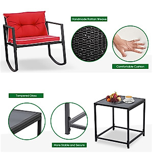 BAIJIAWEI B 3PCS Set Rattan Wicker Rocking Chair - Bistro Furniture Set with Coffee Table, Garden Patio Yard Porch Balcony Furniture All- Weather Wicker Rocker Chair with Cushions