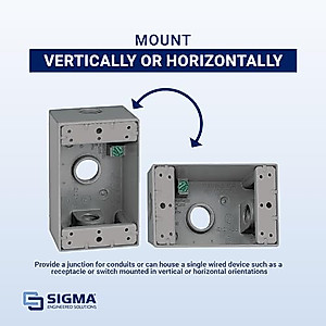 SIGMA ENGINEERED SOLUTIONS 14250 Metal Electrical Outlet Box, Weatherproof, Easy Mount Plug and Receptacle Protector, Gray, (3) 1/2-Inch Holes, 1 Gang Box