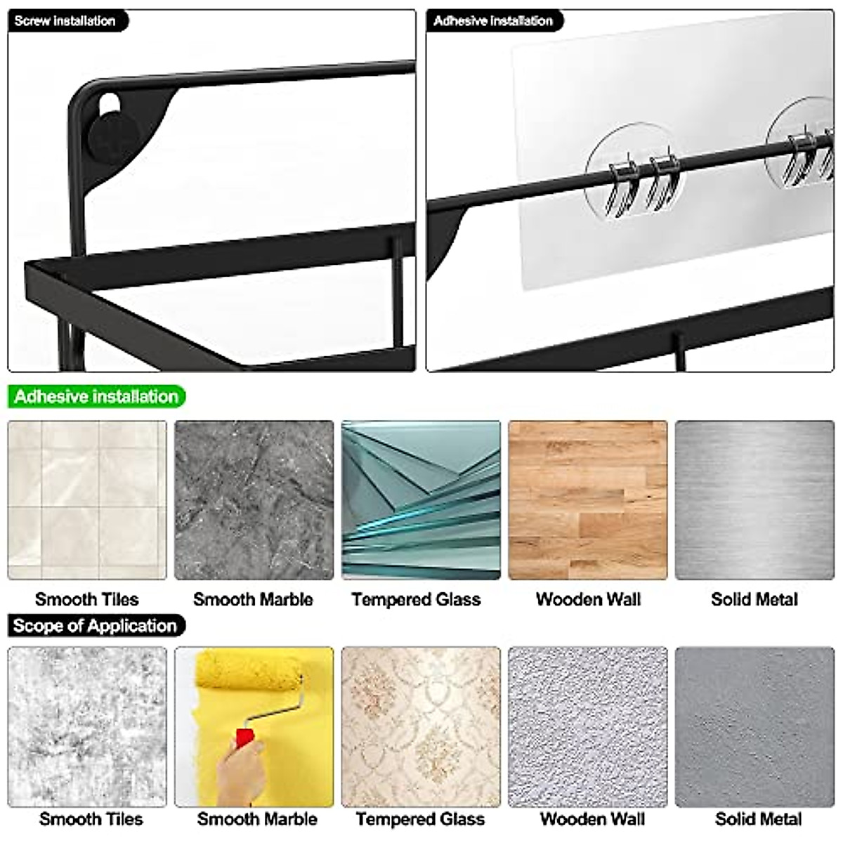 Kalawen Shower Caddy, Shower Shelf for Inside Shower with Hooks, 4 Pack Stainless Steel No Drilling Adhesive Shower Organizer with Soap Holder and Towel Holder