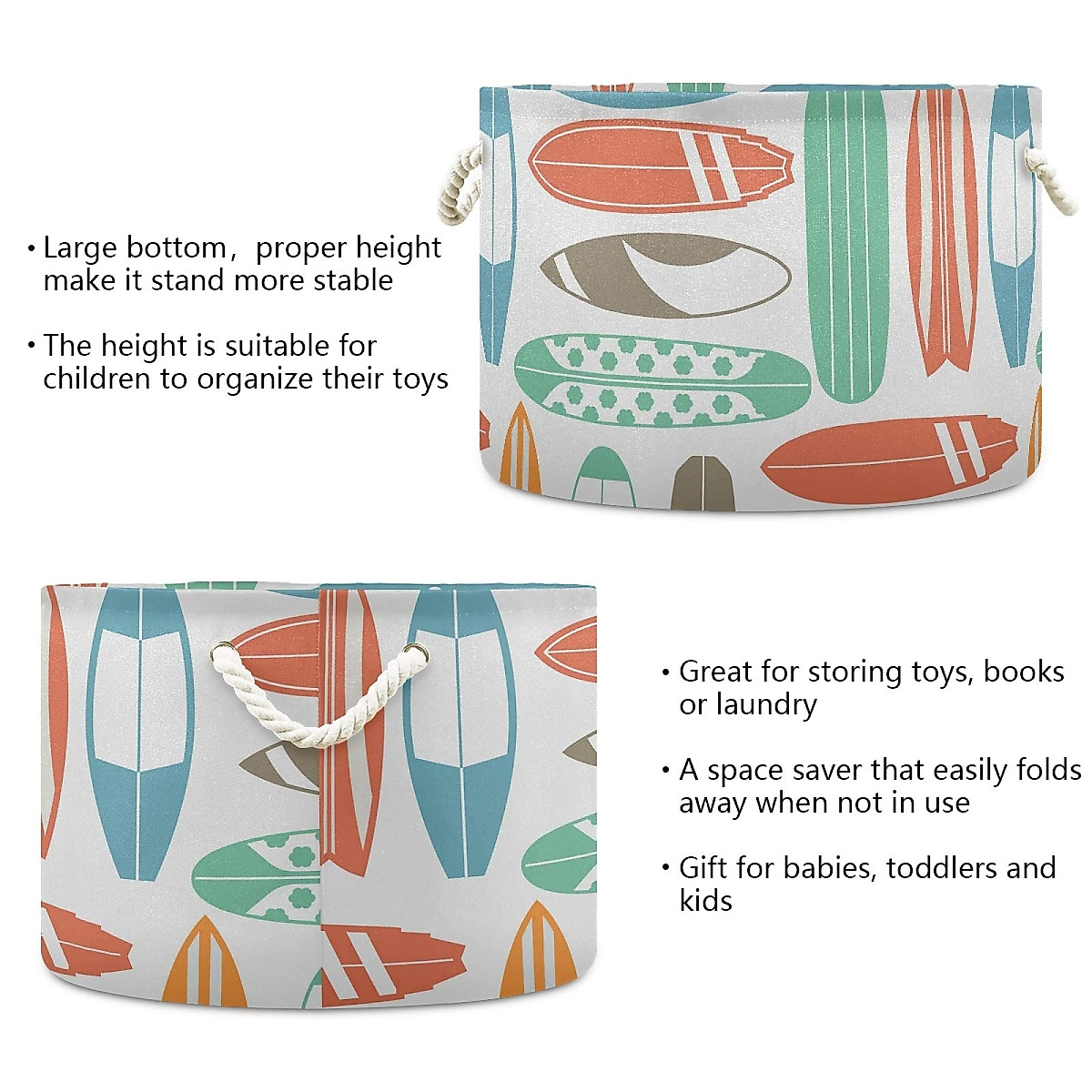 Oyihfvs Sea Surfing Surfboards in Retro Colors Round Storage Basket Bin, Waterproof Laundry Hamper, Large Collapsible Bucket, Baby Nursery Organizer with Handles for Bathroom Toys Clothes