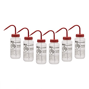 EISCO 6PK Wash Bottles for Acetone, 500ml - Labeled with Chemical Information & Safety Information (1 Color) - Wide Mouth, Self Venting, Low Density Polyethylene - Performance Plastics Labs