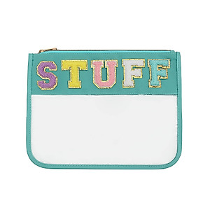 BCRMPT Chenille Letter Bag Clear Flat Pouch,Multi-purpose PVC&Nylon Clear Cosmetic Bags,Travel Makeup Bag With Zipper For Women,Clear Pouches for Travel,Gym,Beach (Green-Stuff)