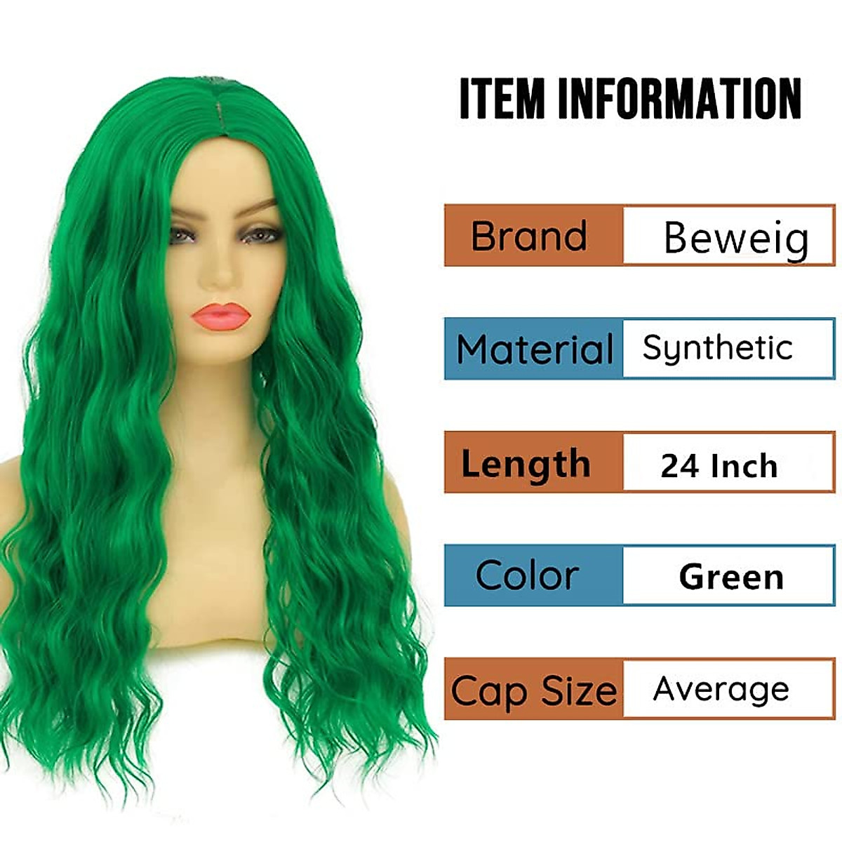 Beweig Long Curly Wavy Green Wig for Women Middle Part Costume Cosplay Wig Synthetic Hair Replacement Wig …